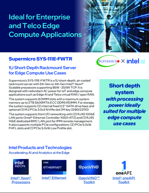 Supermicro SYS-111E-FWTR : 1U Short-Depth Rackmount Server for Edge Compute Use Cases