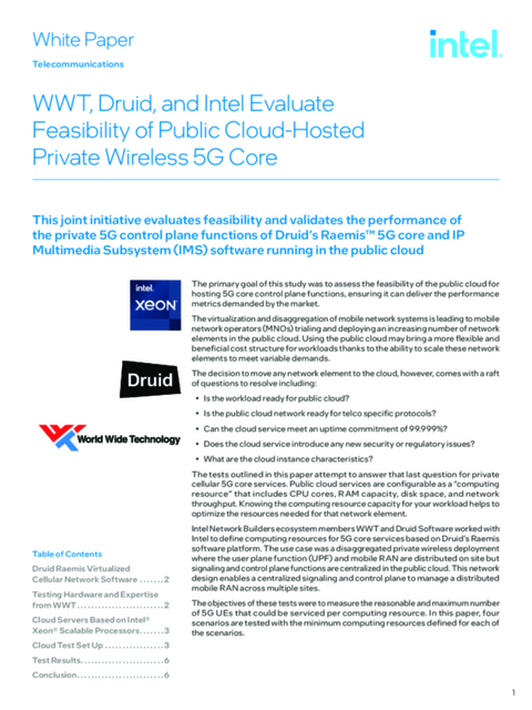WWT, Druid, and Intel evaluate the feasibility of a Public Cloud-Hosted Private Wireless 5G Core